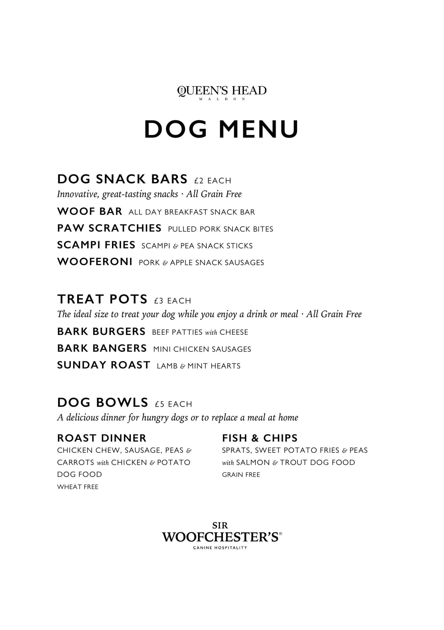 Sir Woofchester's Dog Menu - The Queen's Head Maldon
